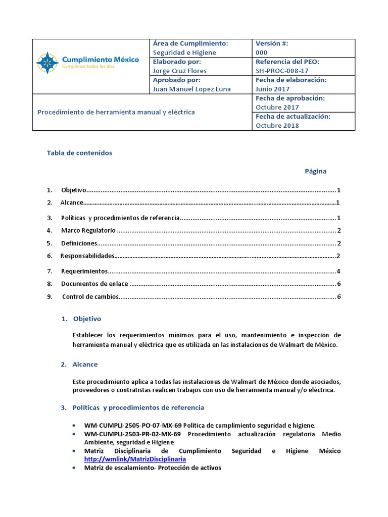 SH-PROC-008-17 Procedimiento Herramienta Manual y Eléctrica | PDF | Herramientas