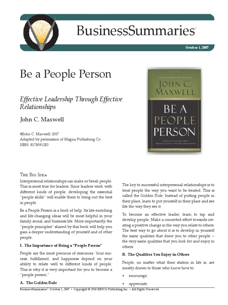 Be A People Person Summary | PDF | Leadership | Charisma