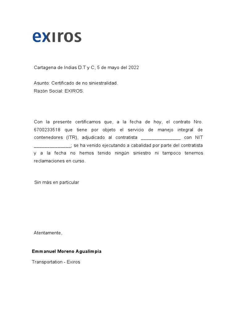 Carta de No Siniestralidad | PDF