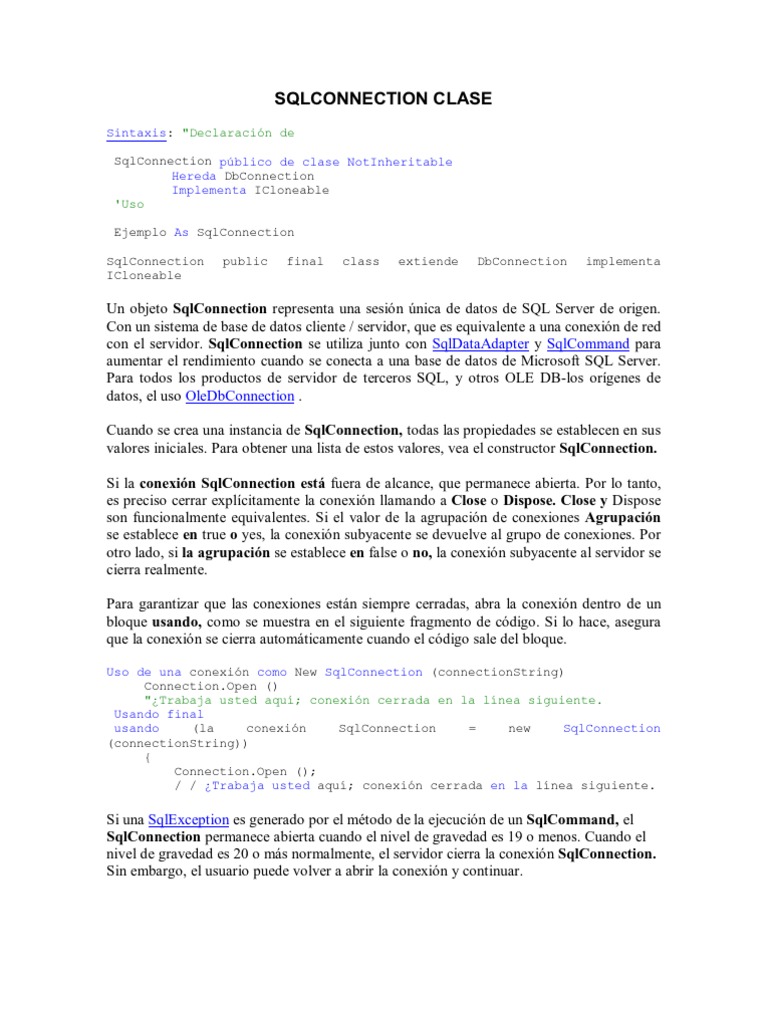 Sqlconnection Clase | PDF | Servidor SQL de Microsoft | Comillas