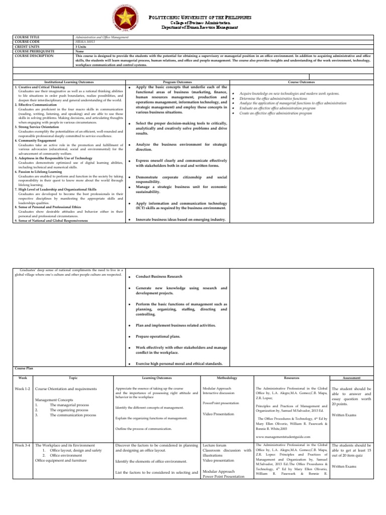 Syllabus Administrative Office Management Hrma 30013 3 2 | PDF ...