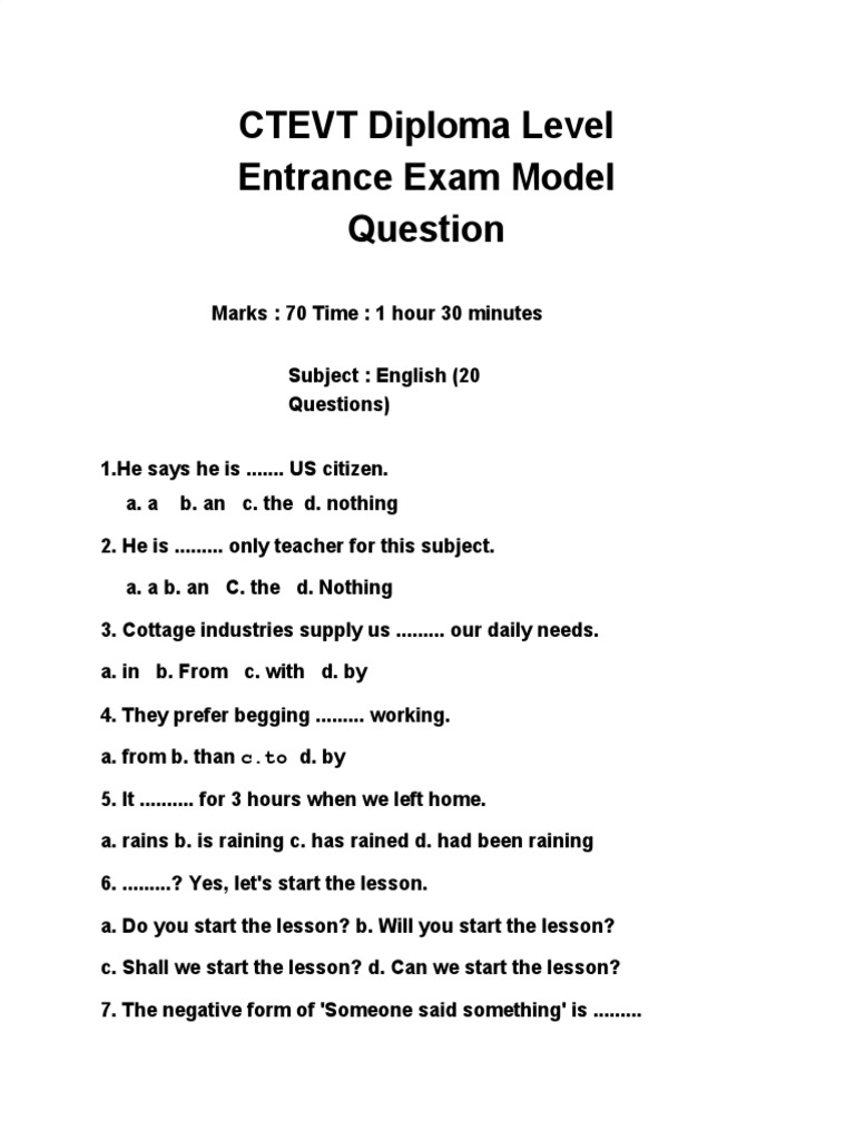 CTEVT Diploma Level Entrance Exam Model Question | PDF | Chemistry ...