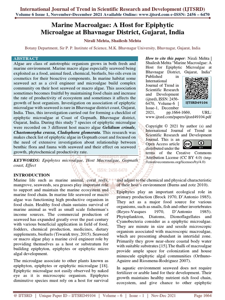 Marine Macroalgae A Host For Epiphytic Microalgae at Bhavnagar District ...