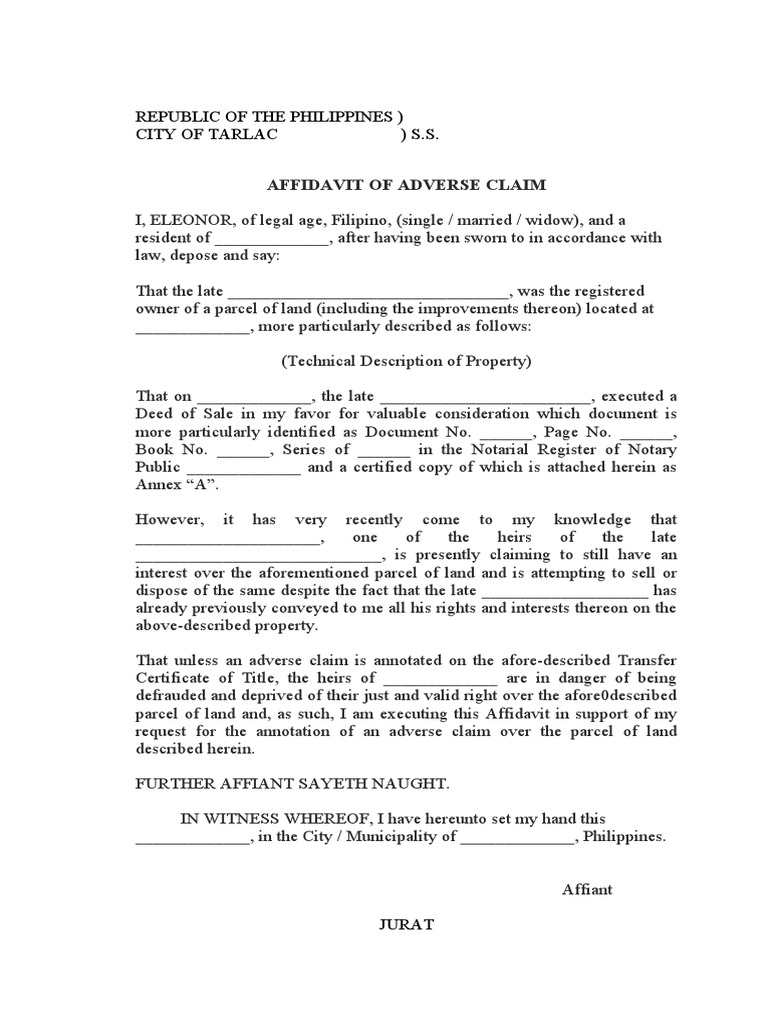Affidavit of Adverse Claim Template | PDF