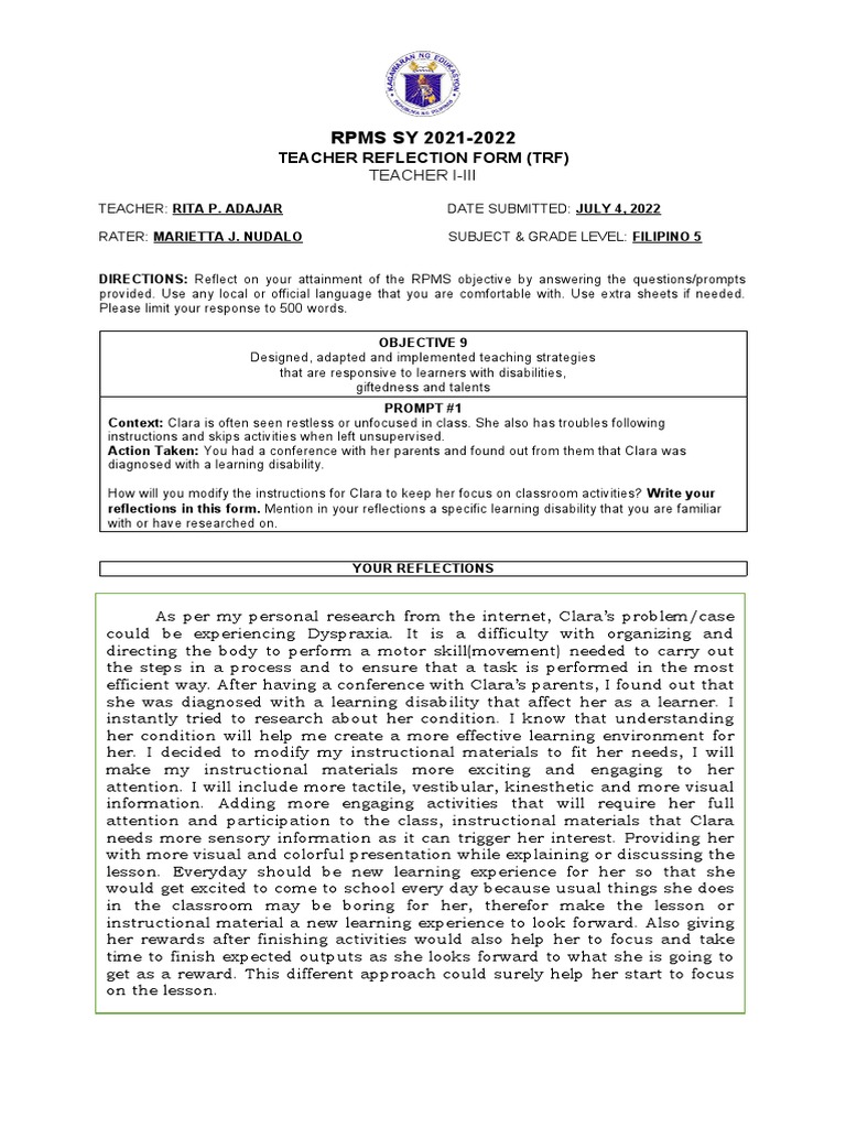 RPMS SY 2021-2022: Teacher Reflection Form (TRF) | PDF | Intellectual ...