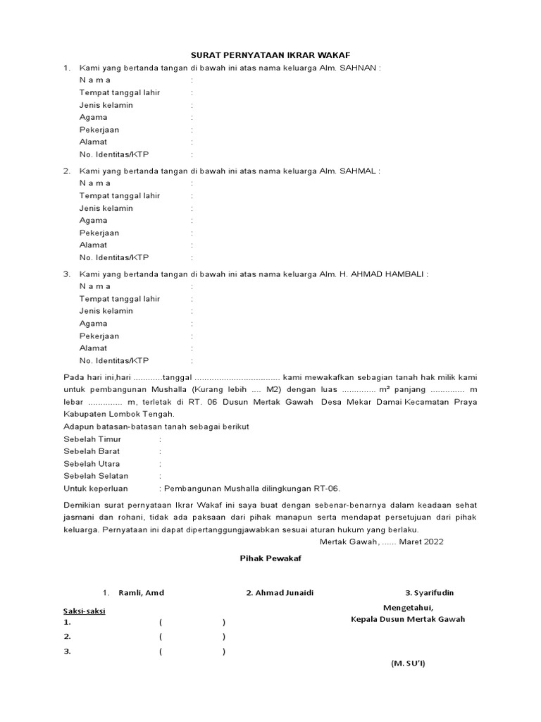 Surat Pernyataan Ikrar Wakaf | PDF