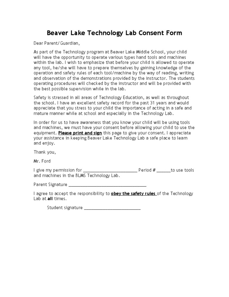 Beaver Lake Technology Lab Consent Form | PDF