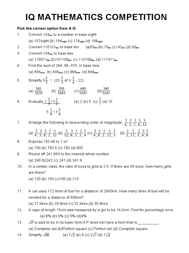 IQ Mathematics Competition Questions | PDF | Interest | Elementary ...