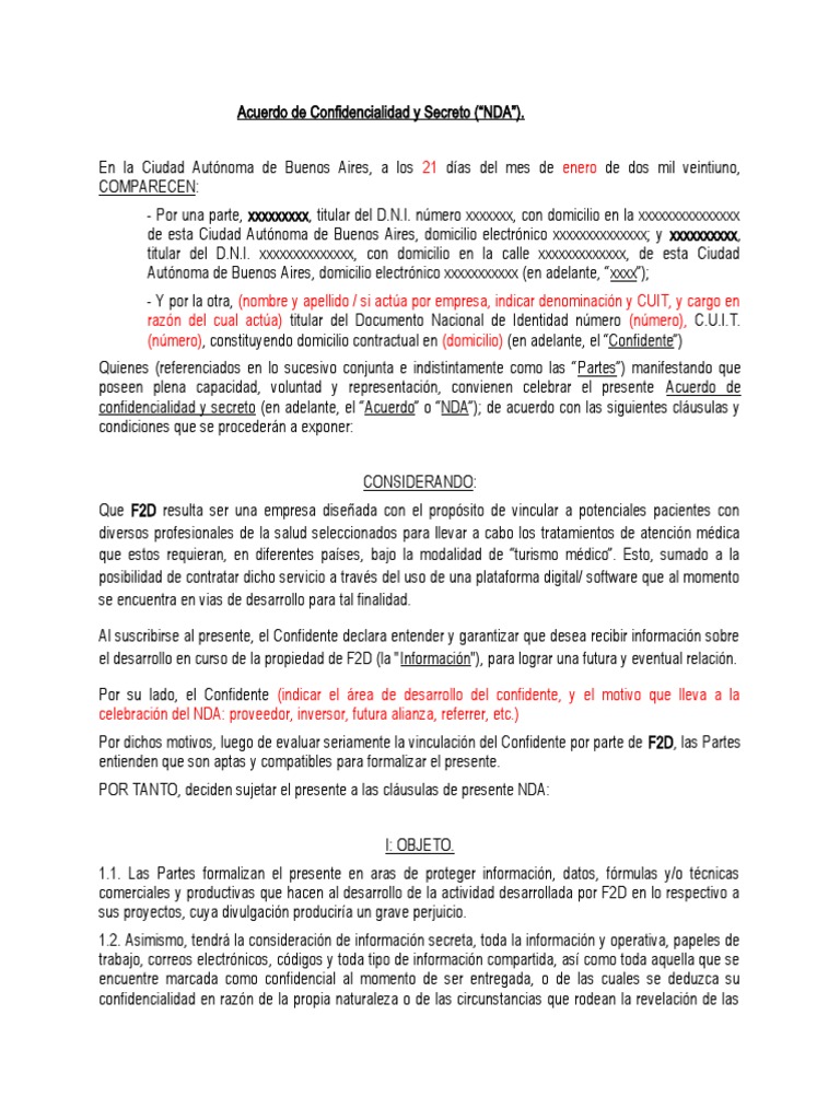 NDA - Modelo Genérico | PDF | Acuerdo de no divulgación | Propiedad ...