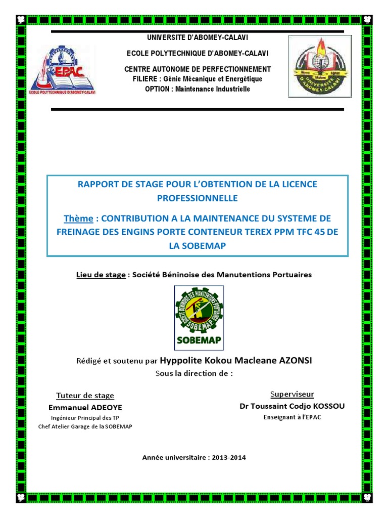 Rapport AZONSI Hyppolite Kokou Macleane | PDF | Frein | Pompe