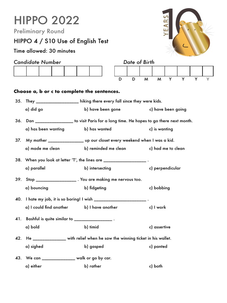 HIPPO 2022: HIPPO 4 / S10 Use of English Test | PDF
