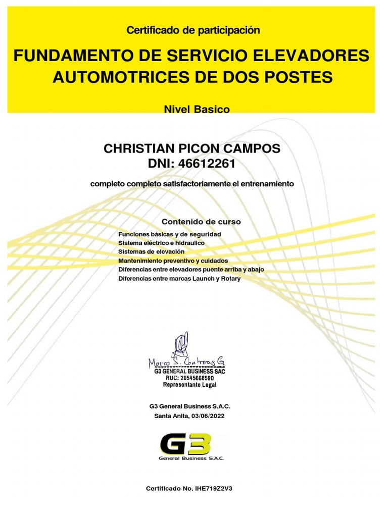 001.22 Certificado T30 (ES) Fundamentos de Servicio Elevadores 03.06.22 - Christian Picon | PDF ...