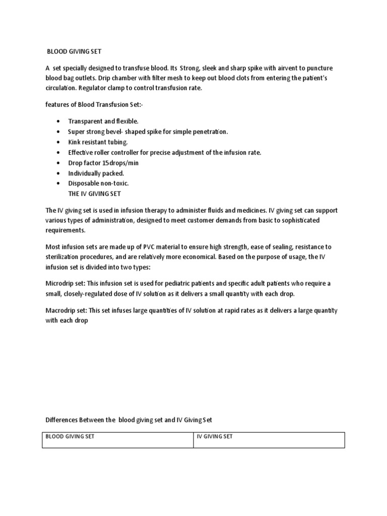Blood Giving Set Versus Infusion (Iv Giving) Set | PDF | Intravenous ...