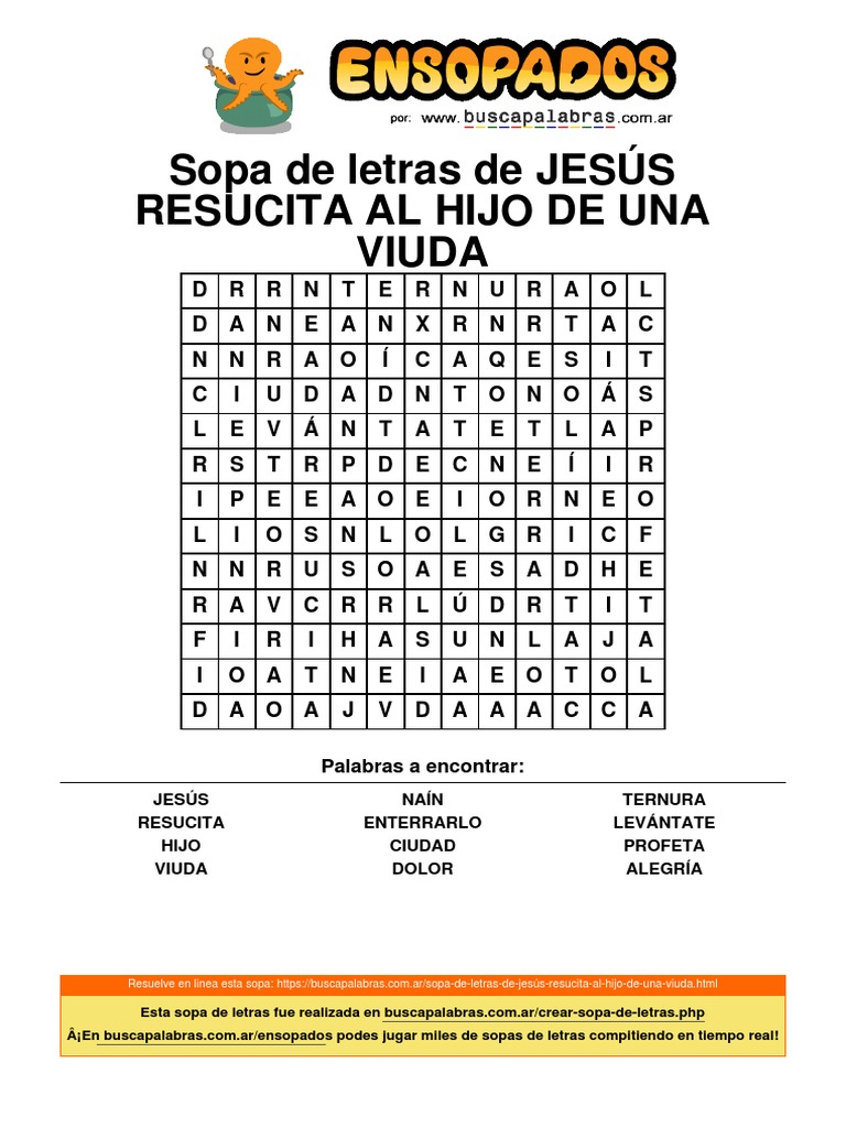 Sopa de letras: Jesús resucita al hijo | PDF