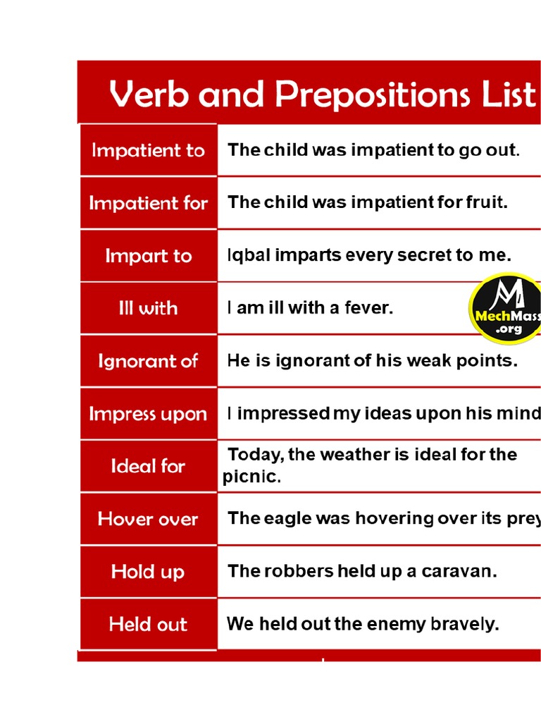 Common Verb Preposition List With Examples PDF | PDF | Linguistics | Syntax
