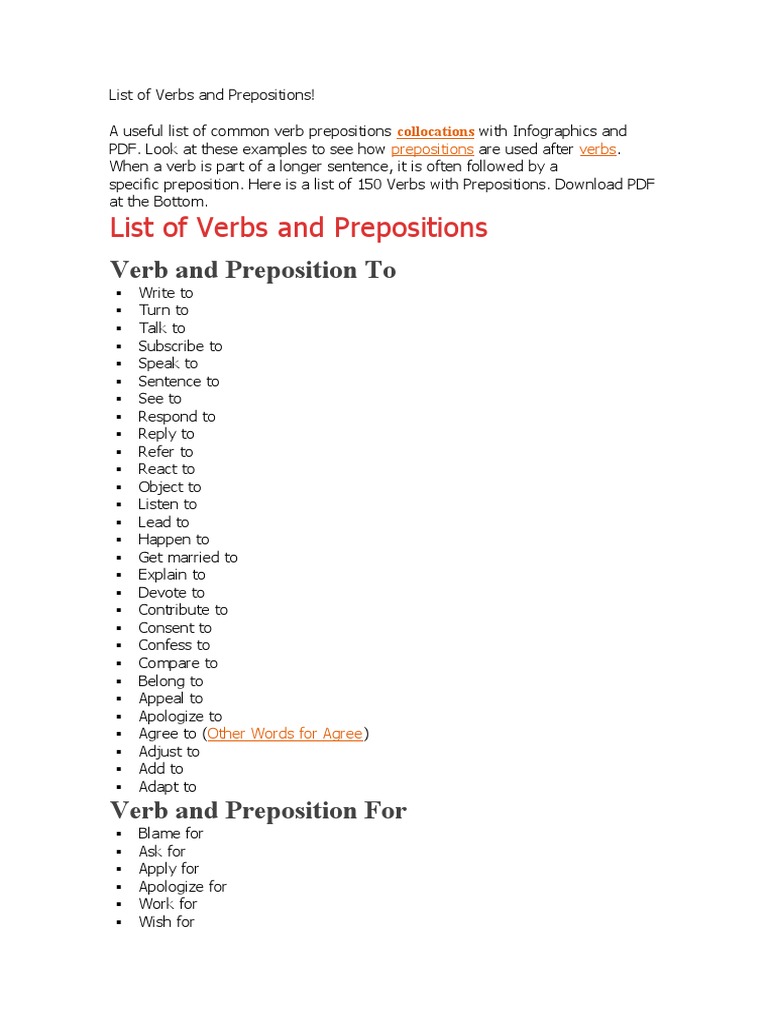 150 Verbs with Prepositions List | PDF | Verb | Preposition And ...