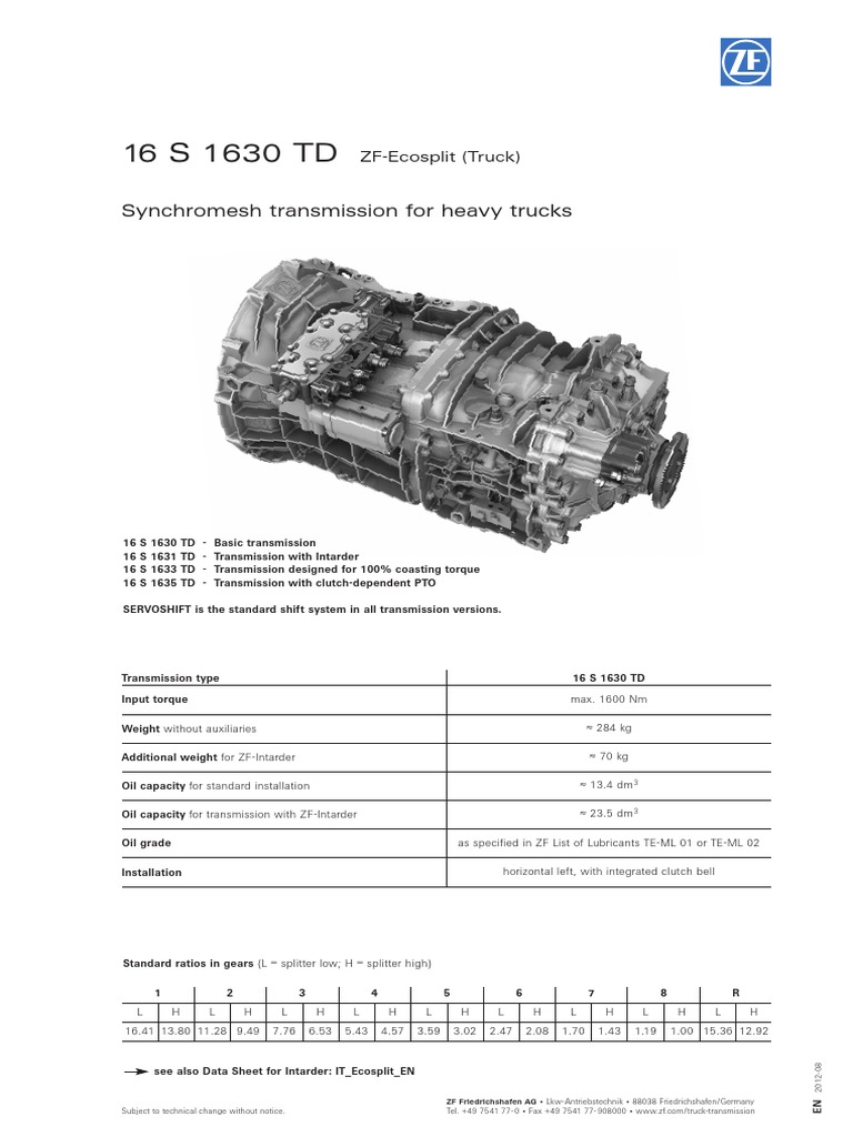 Specifications and Installation Dimensions for the ZF-Ecosplit 16 S ...