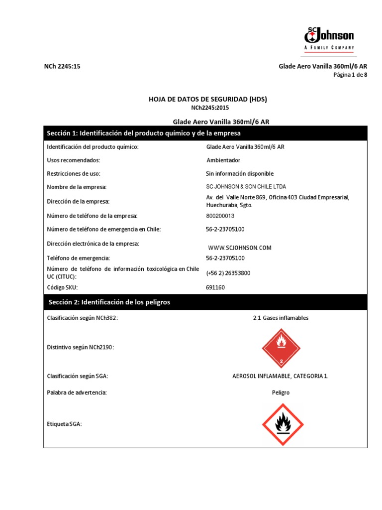 Hoja de Seguridad Glade | PDF | Administración de Seguridad y Salud Ocupacional | Toxicidad