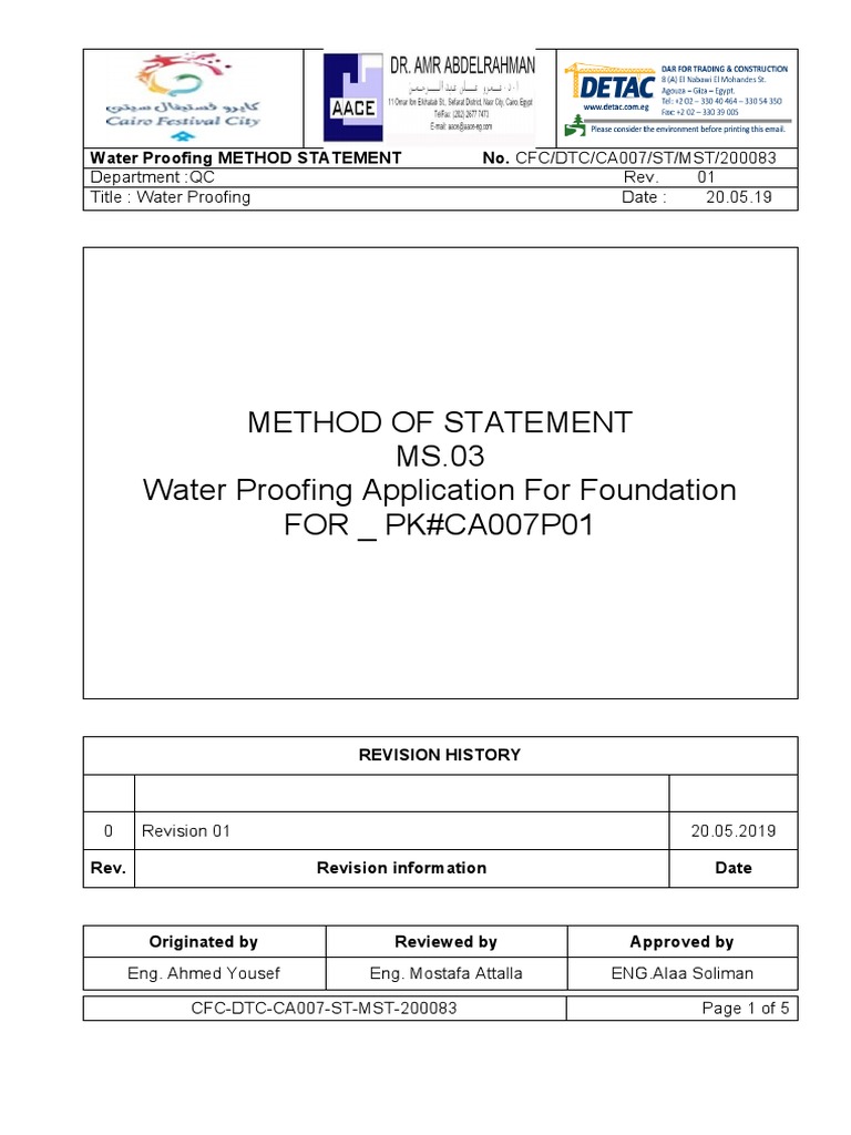 Water Proofing METHOD STATEMENT | PDF | Safety
