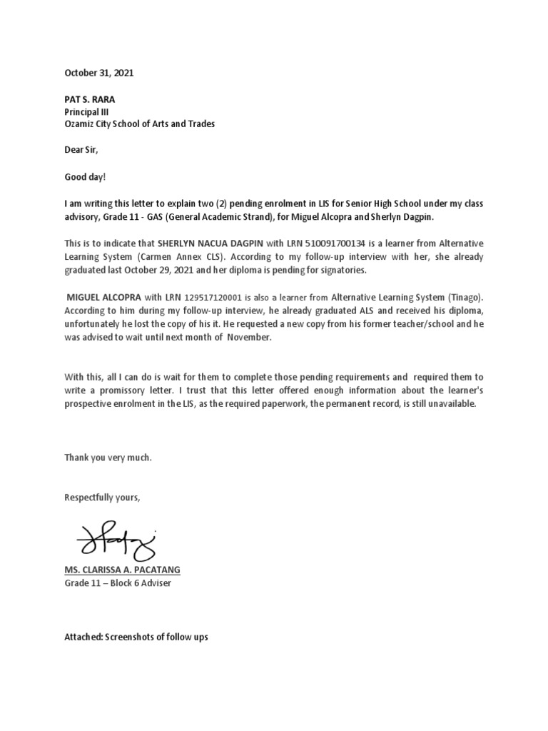 Final Letter of Explanation For Pending Enrolment | PDF