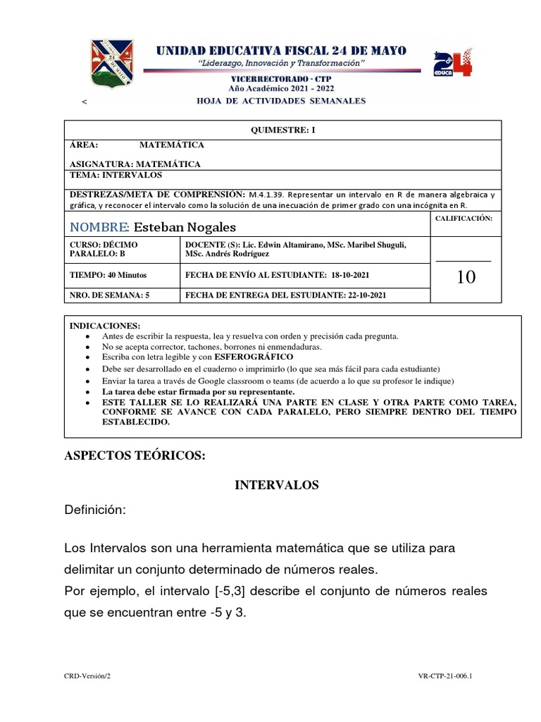 Hoja Semanal 1.1 - 10mos Intervalos | PDF | Intervalo (Matemáticas) | Análisis real