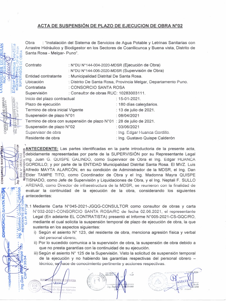 ACTA DE SUSPENSION DE PLAZO DE EJECUCION DE OBRA N°02 | PDF