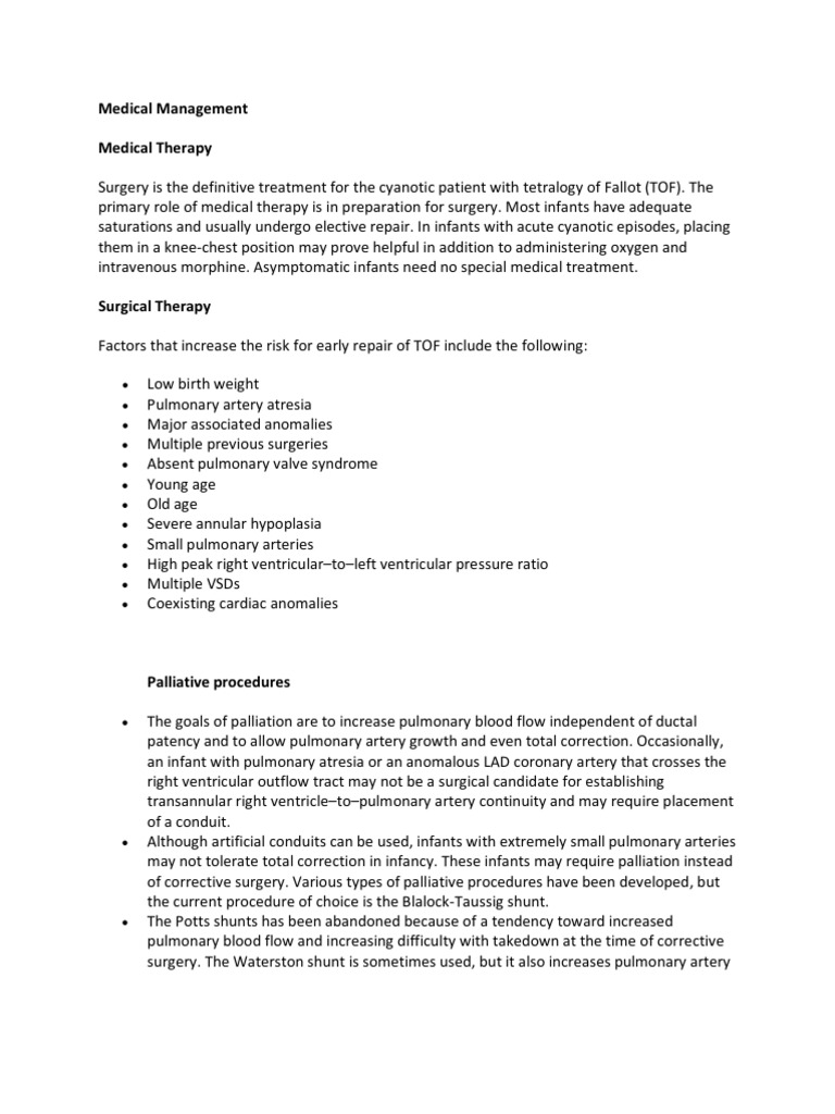 Medical Management TOF | PDF | Heart | Diseases And Disorders