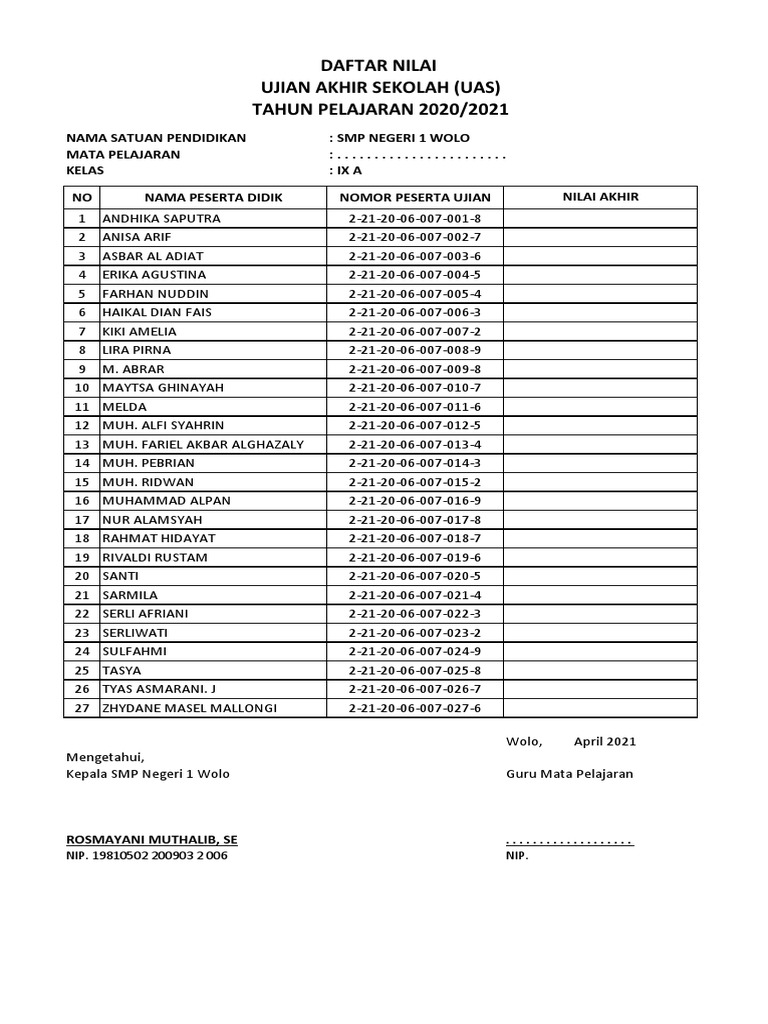 Form Nilai Uas | PDF
