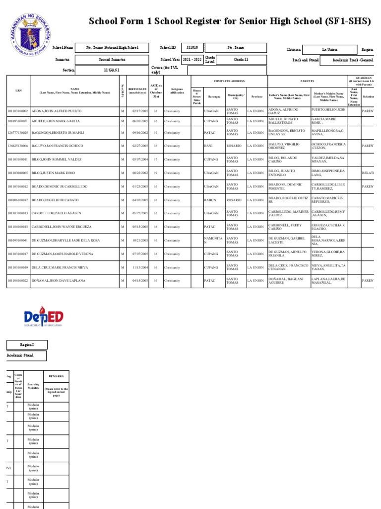 School Form 1 School Register For Senior High School (SF1-SHS) | PDF