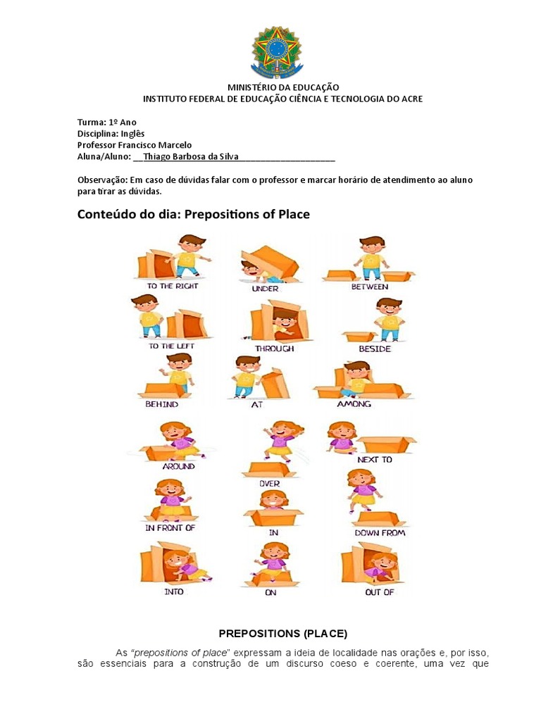 Prepositions - Part II - 1º ano - Conteúdo e atividade de Inglês | PDF ...