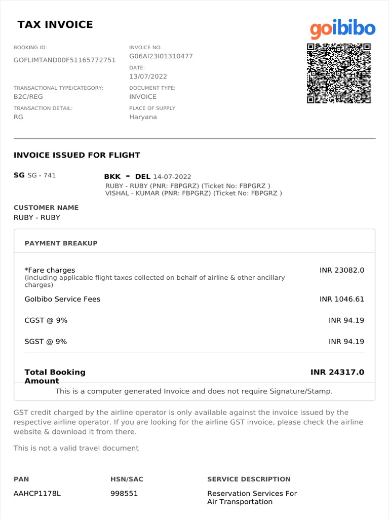Tax Invoice: Invoice Issued For Flight | PDF