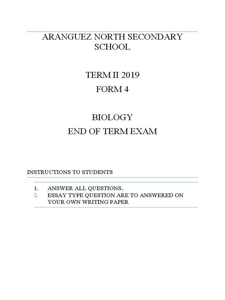 Aranguez North Secondary School TERM II 2019 Form 4 Biology End of Term ...