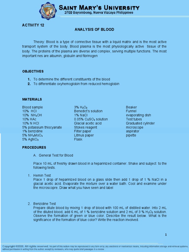 Activity 12 Analysis of Blood | PDF | Blood | Precipitation (Chemistry)