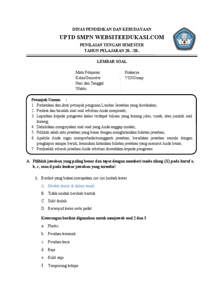 Soal PTS Prakarya Kelas 8 Genap | PDF