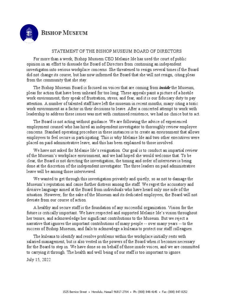 Bishop Museum Board of Directors Statement | PDF | Board Of Directors ...