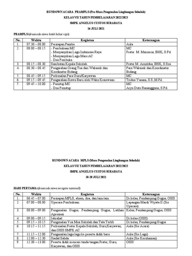 Rundown Acara MPLS 2022-2023 | PDF
