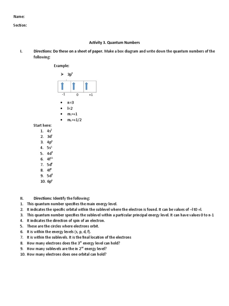 Activity 3. Quantum Numbers I. Directions: Do These On A Sheet of Paper ...