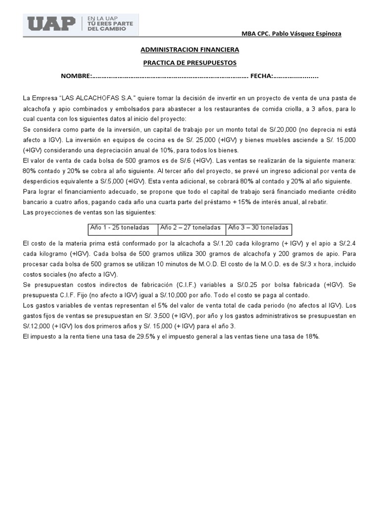 Semana 01 - Caso Practico de Flujo de Caja Proyectado | PDF | Economias