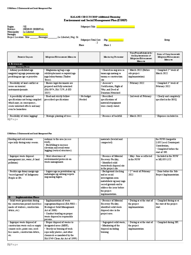 Environment and Social Management Plan (ESMP) : KALAHI-CIDSS NCDDP ...
