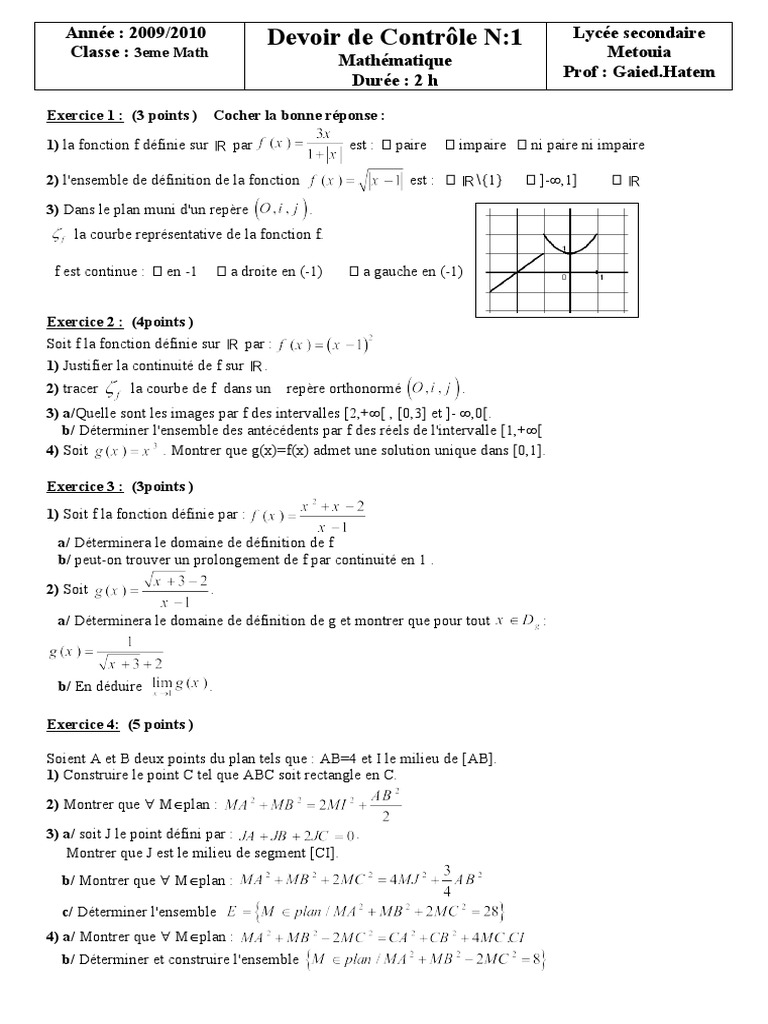 Contrôle de Mathématiques 3ème | PDF | Fonction (Mathématiques) | Triangle