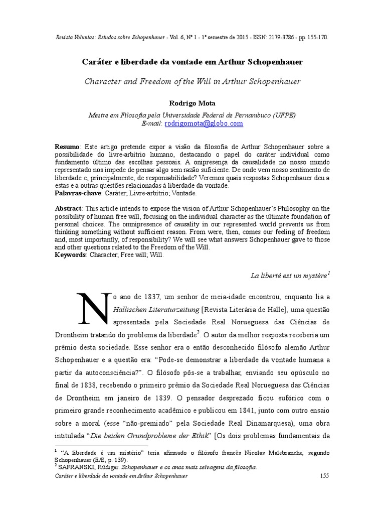 Carater e Liberdade Da Vontade em Arthur Schopenha | PDF | Liberdade ...