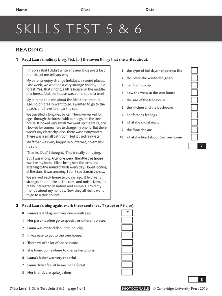 Think Level 1 Skills Test Units 5-6 | PDF