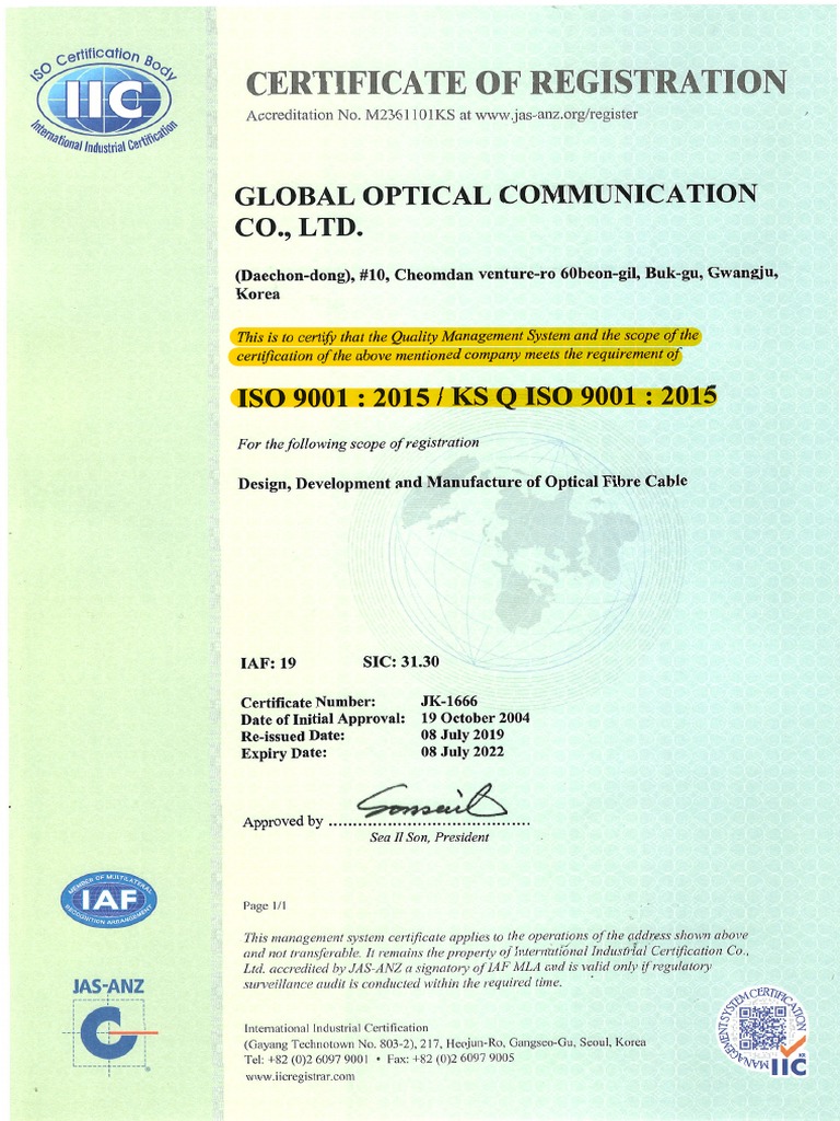 Quality Management System For Optical Fiber Cable (ISO 9001 - GOC ...