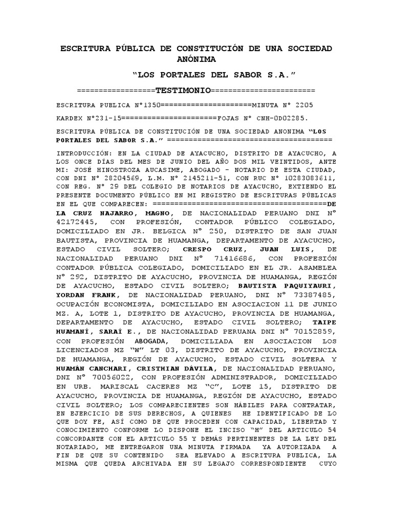 Escritura Pública de Constitución de La Sociedad Anónima | PDF | Business | Empresas