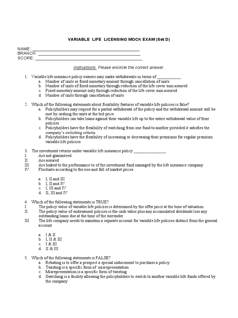 Variable Life Licensing Mock Exam Set D 2 | PDF | Investment Fund ...
