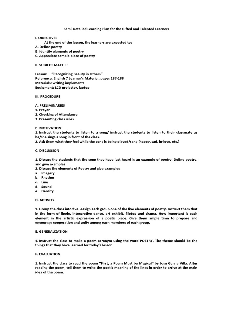 Sample Lesson Plan For The Gifted Learners | PDF
