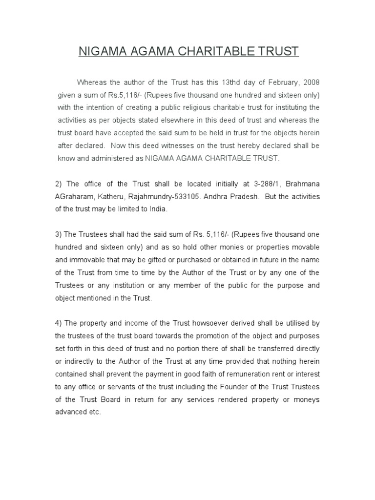 Establishing the Nigama Agama Charitable Trust | PDF | Trust Law | Trustee