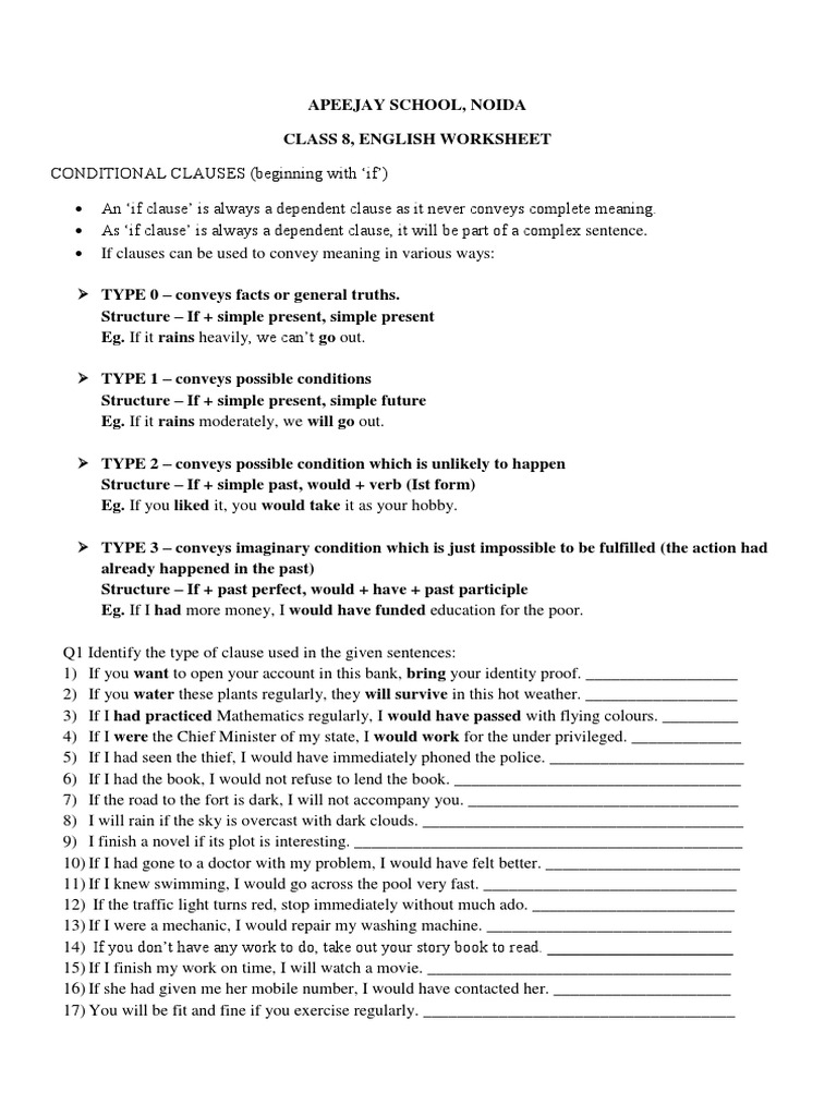 Class 8 Worksheet (Conditional Clauses) | PDF | Grammar | Linguistics