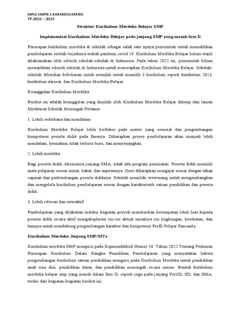 Struktur Kurikulum Merdeka Belajar SMP | PDF