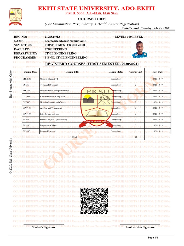 Course Form: Ekiti State University, Ado-Ekiti | PDF
